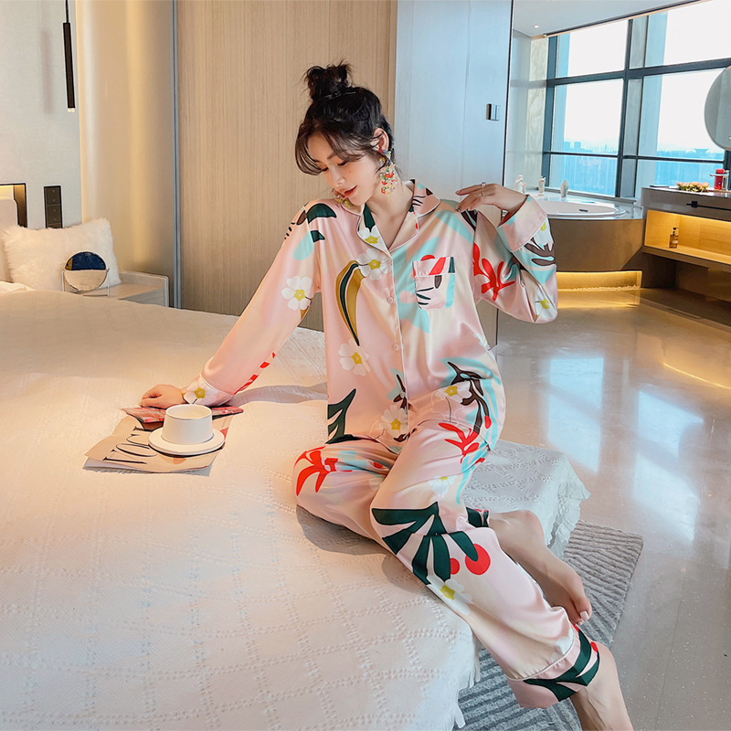 Printing Cartoon Women Ice silk Pajamas Long Sleev... – Grandado