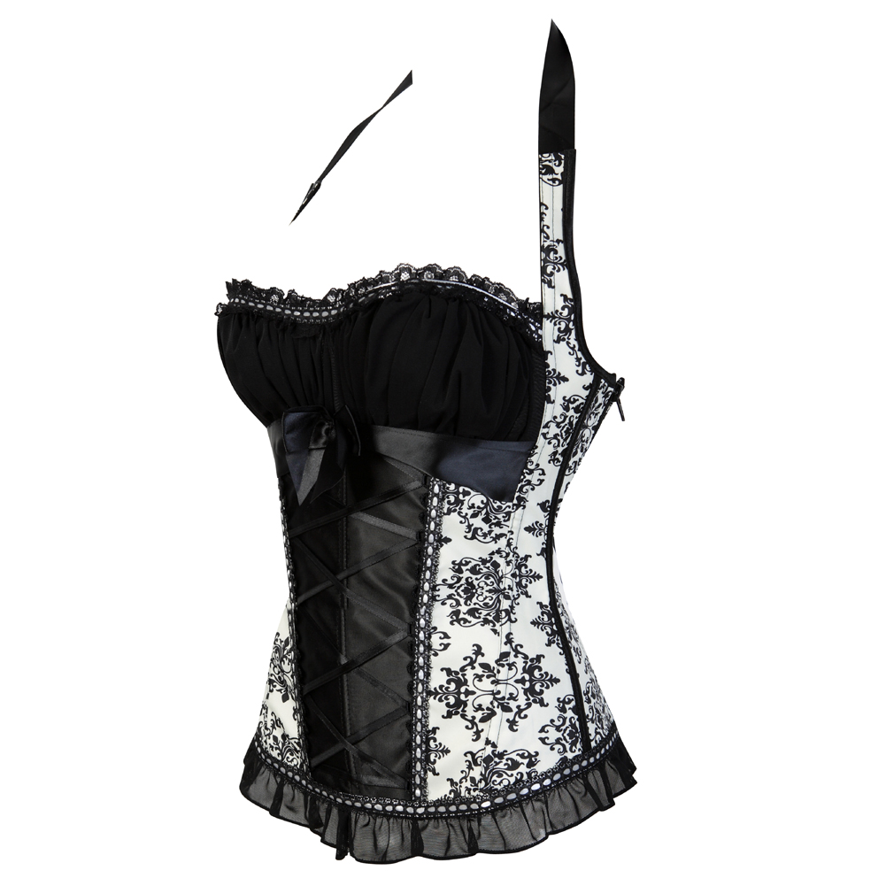Corset Sexy Lace Satin Flower Print Lace Up Corset Grandado