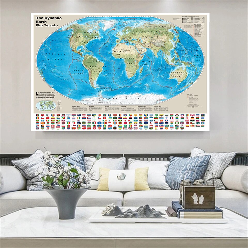 225*150 The World Tectonics Map with National Flag... – Grandado