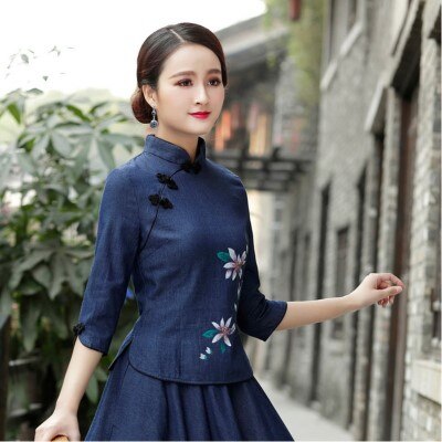 Sheng Coco Chinese Style Denim Tops Hand Painted F... – Vicedeal