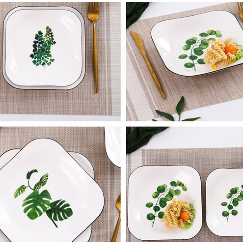 Grøn plante firkantet keramisk tallerken vestlig m... – Grandado