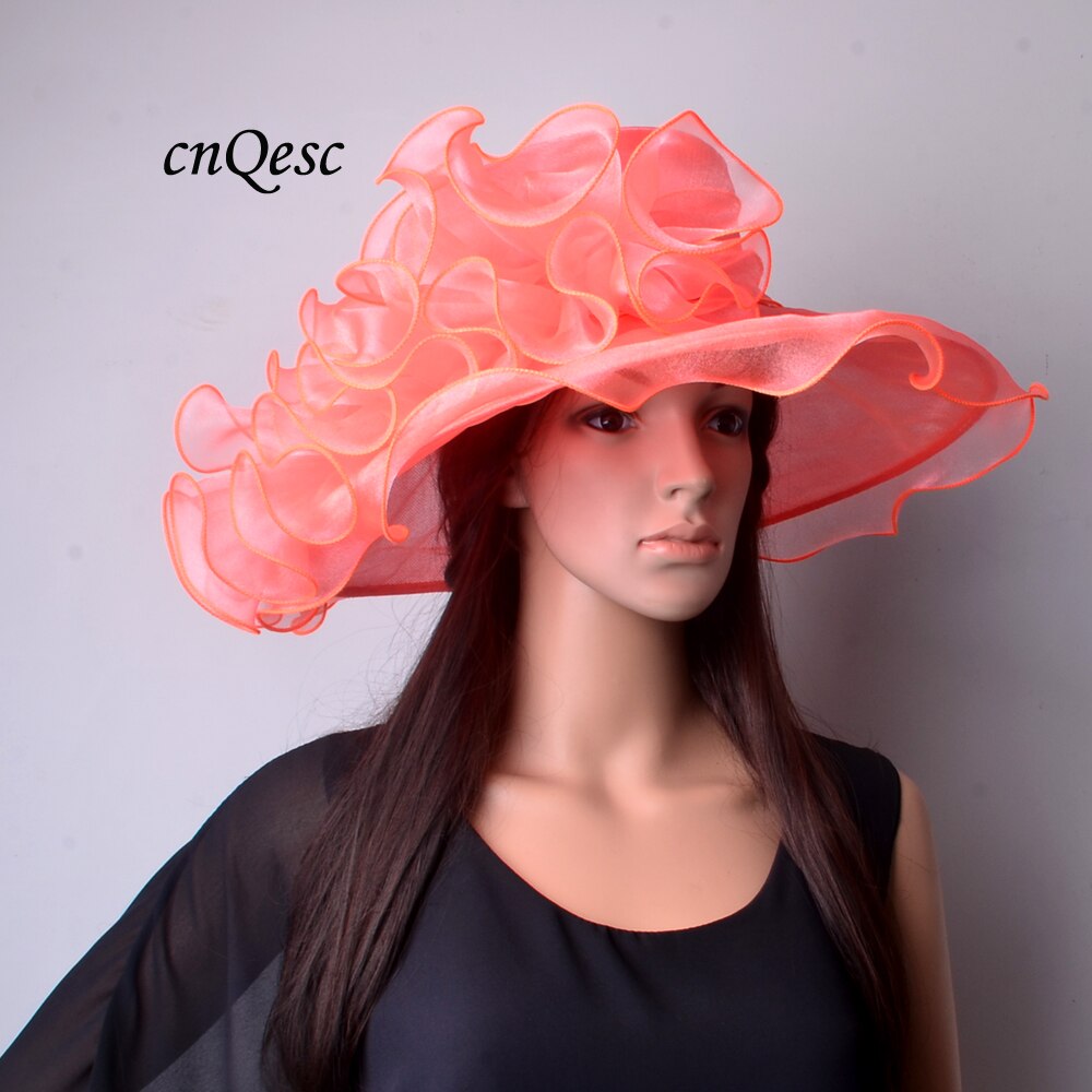coral orange pink Large crystal organza hat sinama... – Grandado