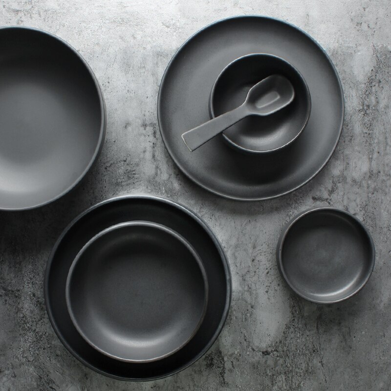 Ceramic tableware plate set matte dark gray flat p... – Grandado