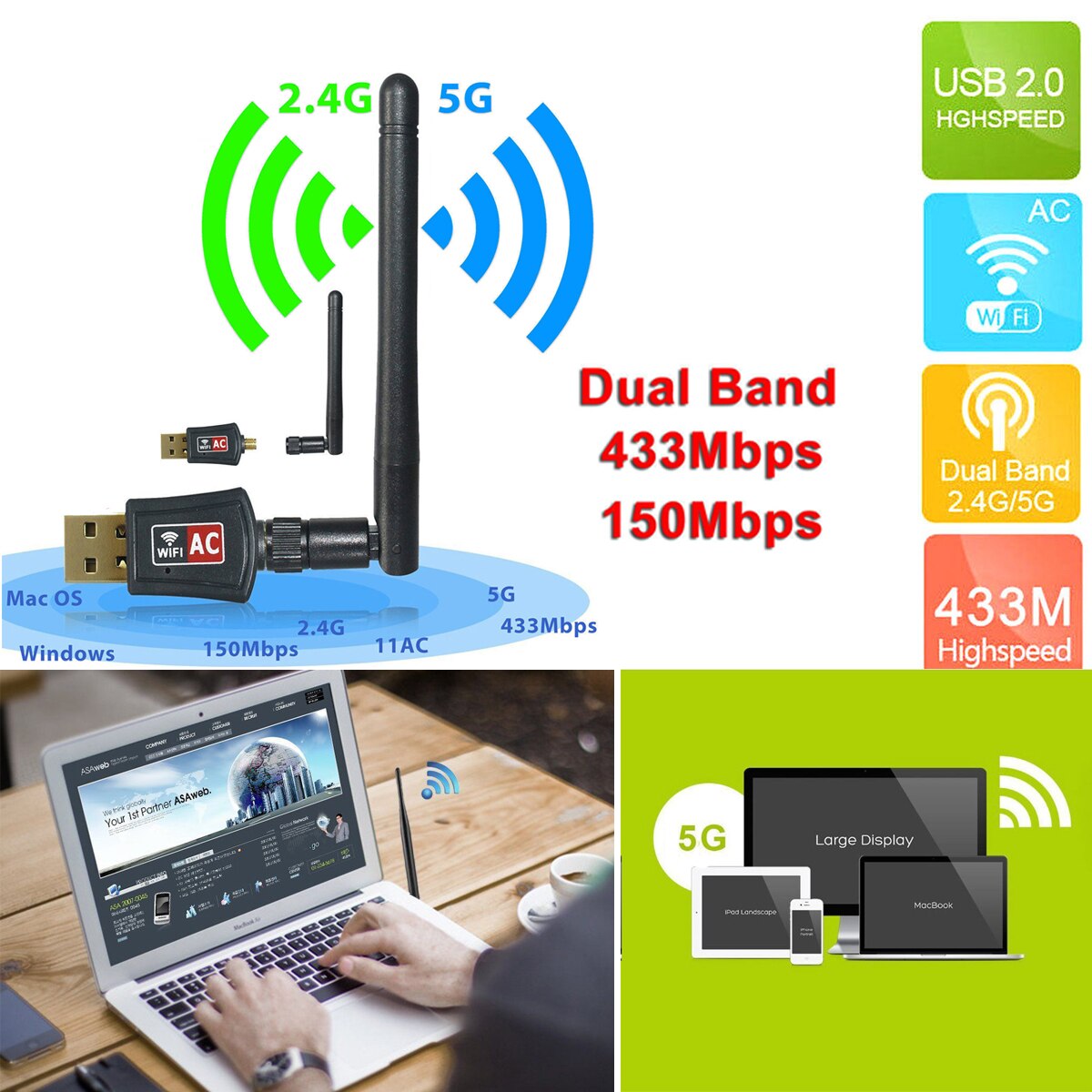 600 Mbps Dual Band 2.4/5Ghz Wireless USB Adapter W... – Grandado