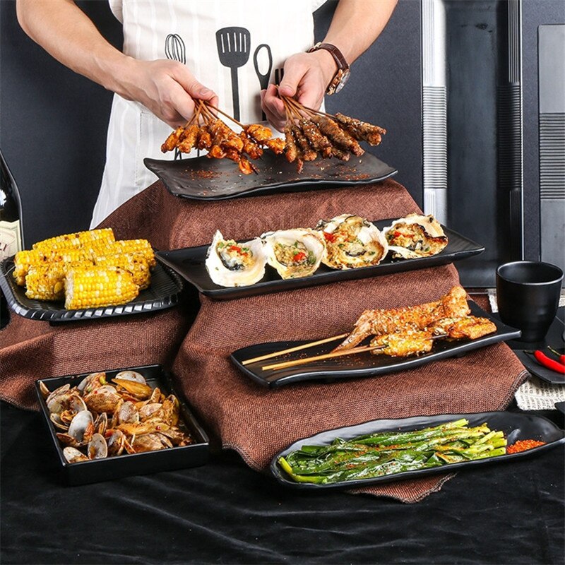 Japanese Sushi Barbecue Plate Black Melamine Meat ... – Grandado