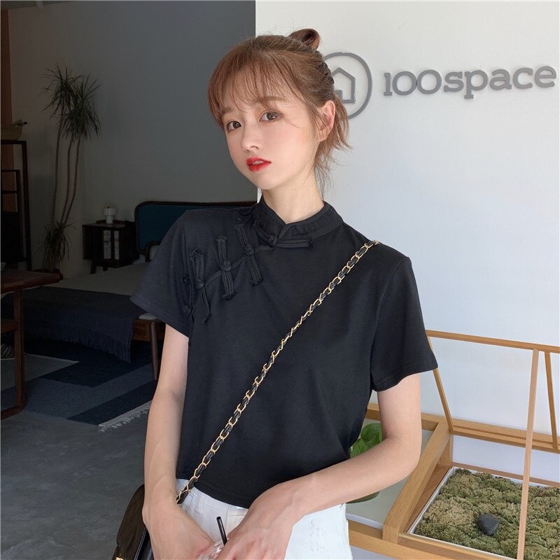 Black Cheongsam Top Asian Streetwear T Shirt Crop ... – Vicedeal