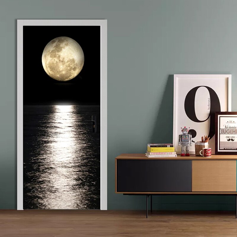 PVC Door Sticker 3D Night Moon Sea Level View Door... – Grandado