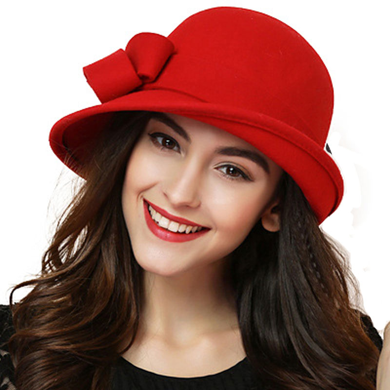 FS Bowknot Ladies Wool Felt Bowler Black Red Fedor... – Grandado