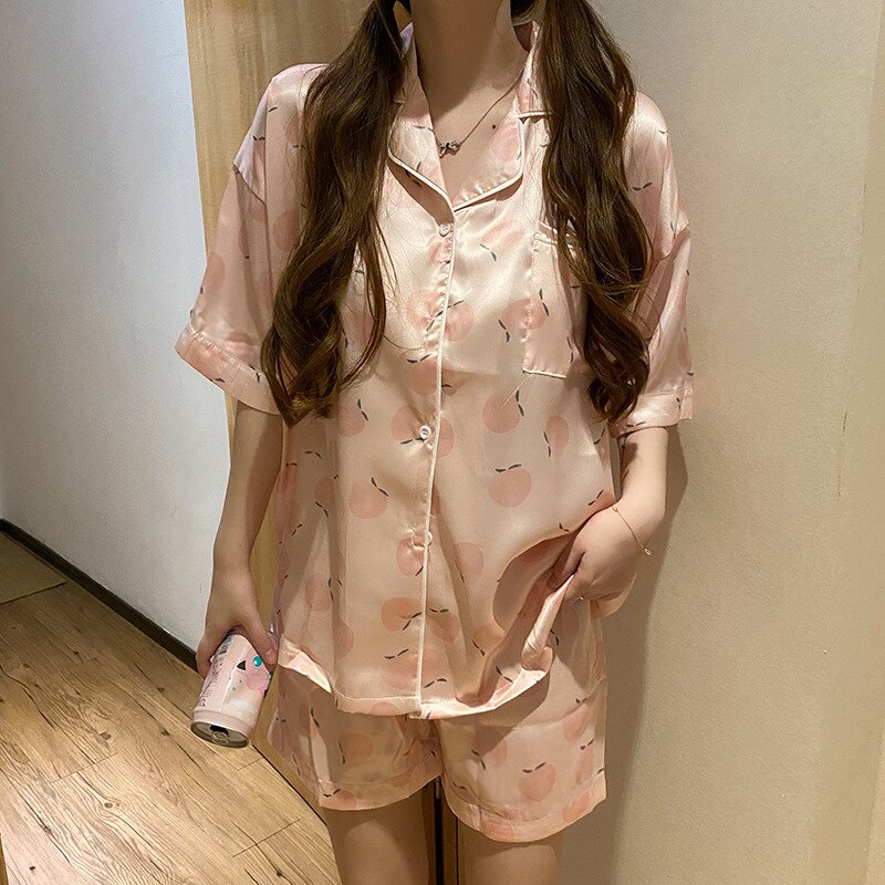 Women's Sleepwear Set Peach Print Short Set Pa... – Grandado