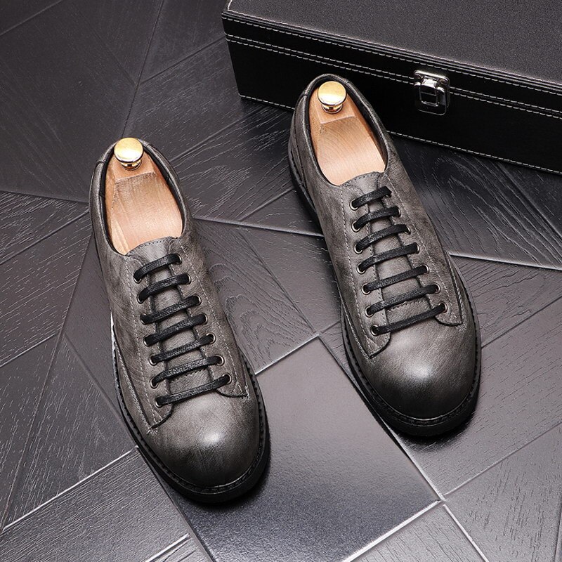 Mens Grey Oxford Schoenen Leisure Ronde Neus Leder... – Grandado