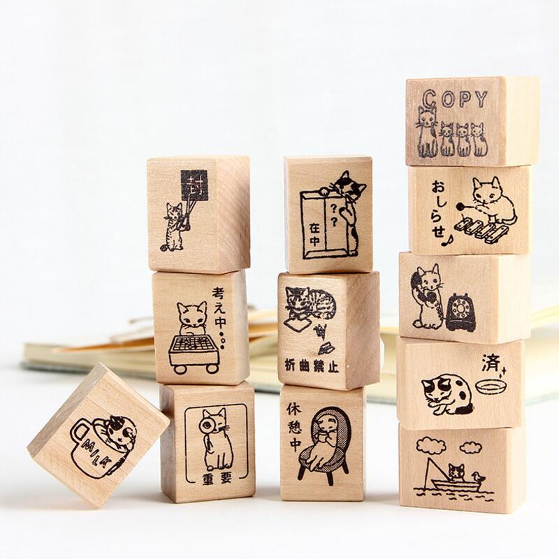 8-12pcs/Set Kawaii Animal Cat Stamp DIY wooden rub... – Grandado