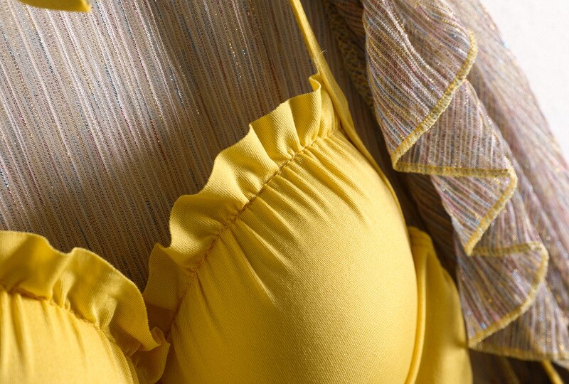 yellow backless one-piece ruffled side bikini tull... – Grandado