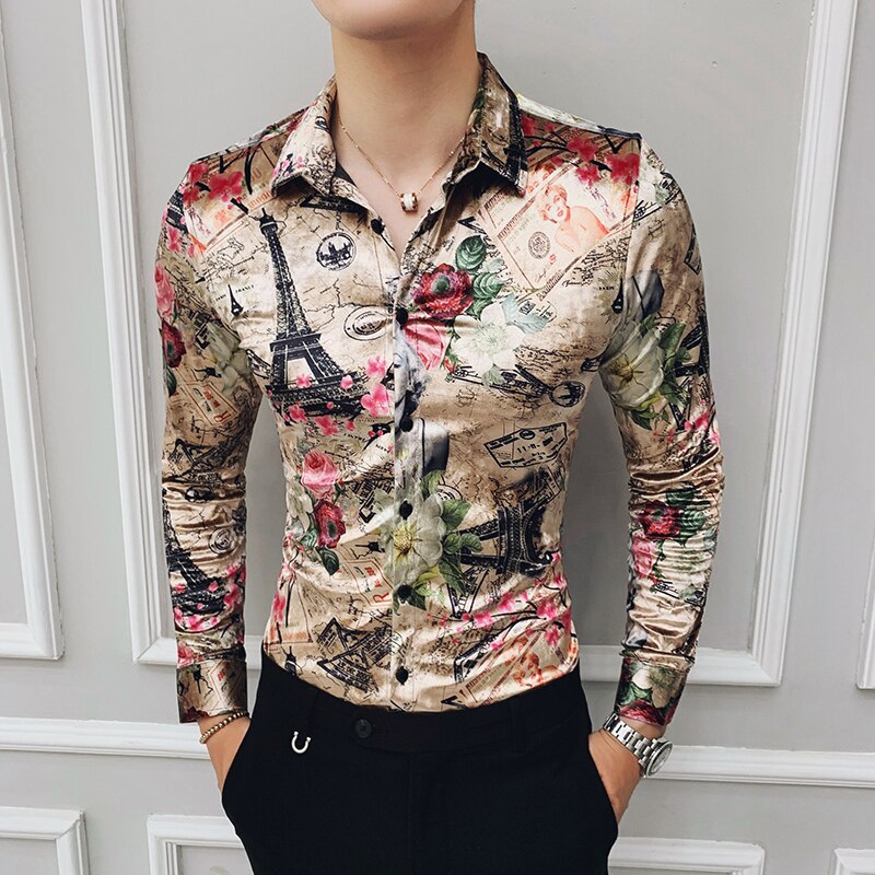 Fluwelen Mannen Shirts Winter Print Party Jurk Lan... – Grandado
