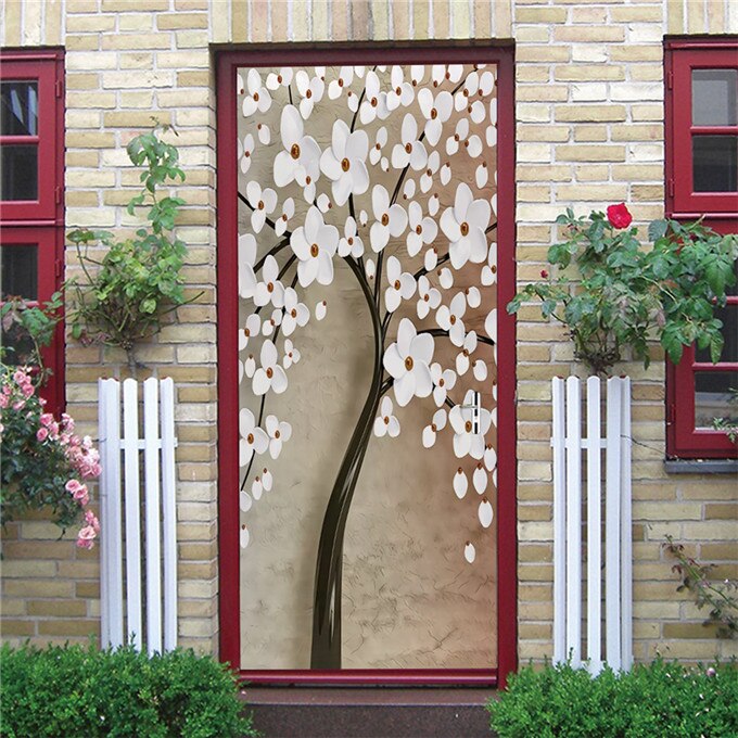 White Flower Door Sticker 3D Self-adhesive PVC DIY... – Grandado