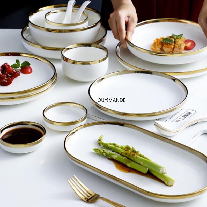 Ceramic Gilt Edging Plate Cutlery Set White Porcel... – Vicedeal