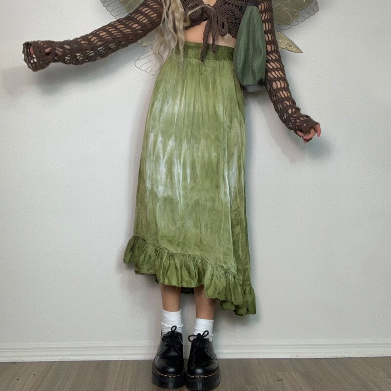 Y2k Tie Dye Mid-Calf Skirts Ruffles Green Color Lo... – Vicedeal