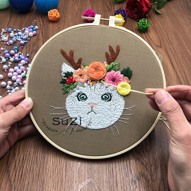 Women Cartoon Cute Flower Cat Kitty Needlework Emb... – Grandado
