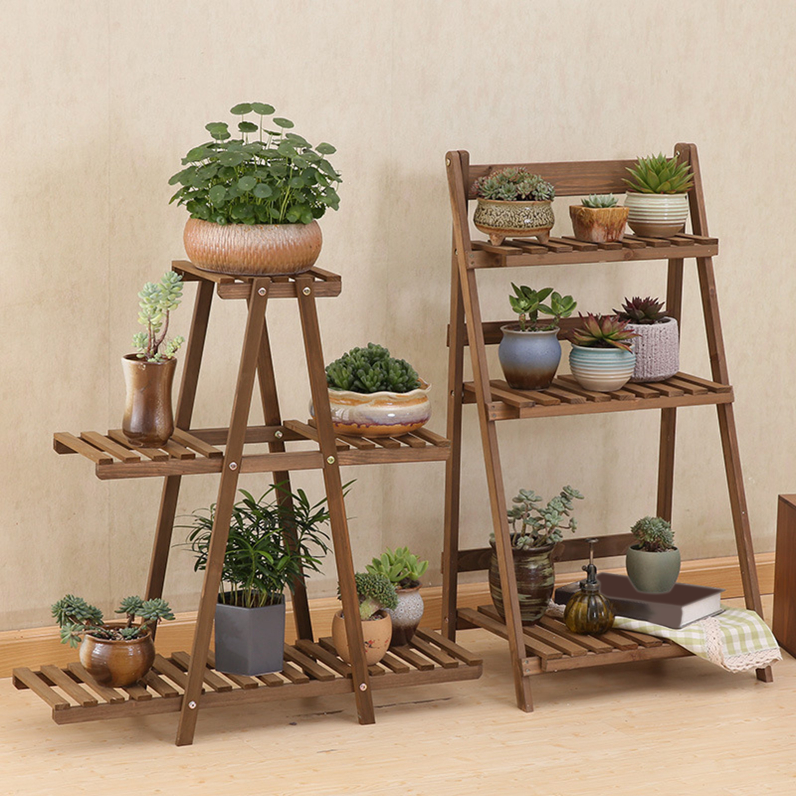 Plant Stand Bamboo 3-Tier With White Ceramic Pots - Uganda Plant Holder