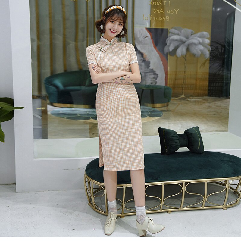 Cream-coloured Plaid Chinese Qipao Dress Cotton Kn... – Grandado