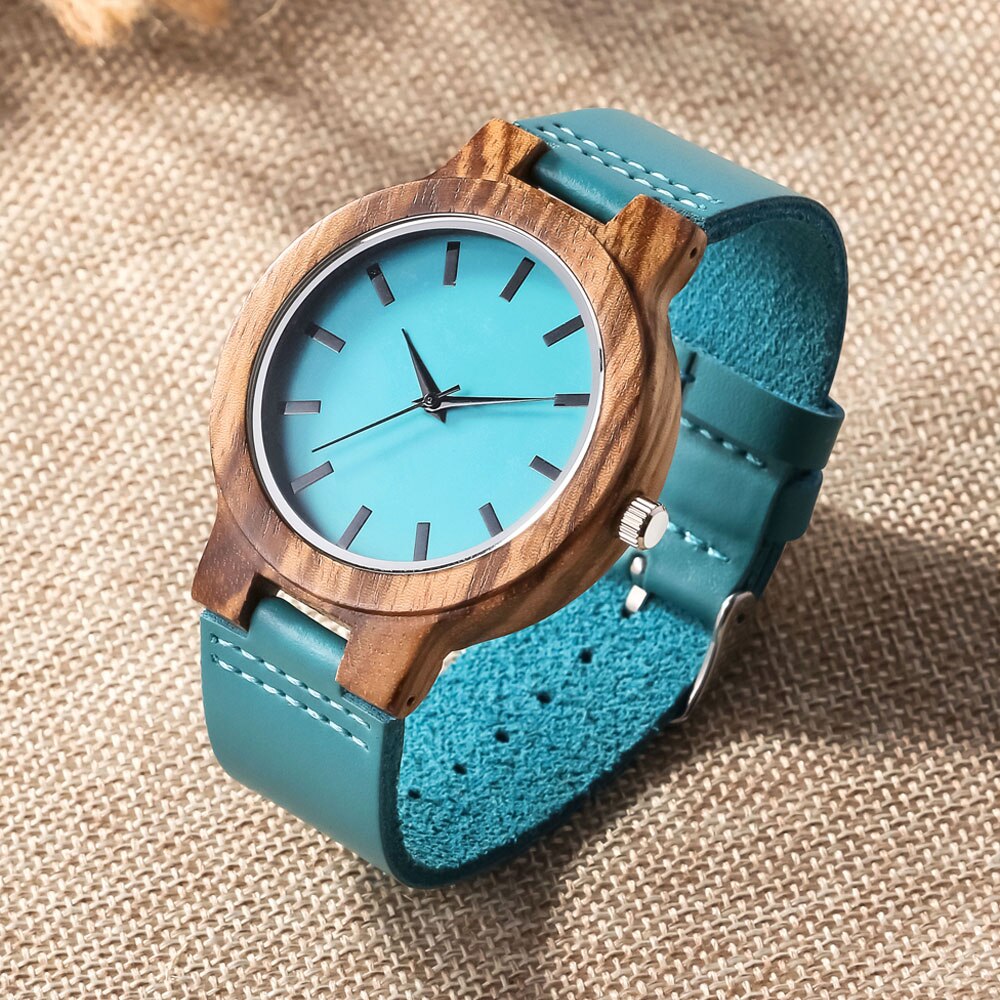 Engraved Blue Wood Watch Quartz Wristwatch Leather... – Vicedeal