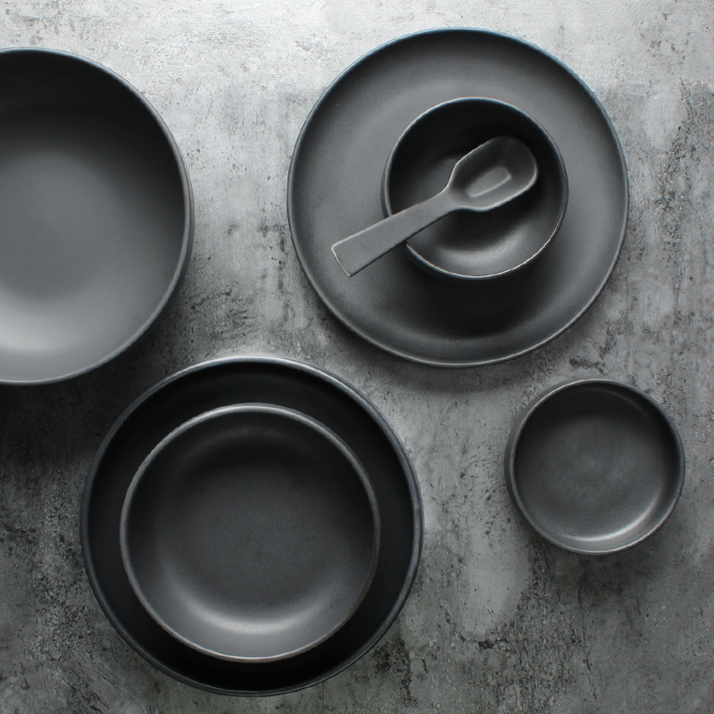 Ceramic tableware plate set matte dark gray flat p... – Grandado