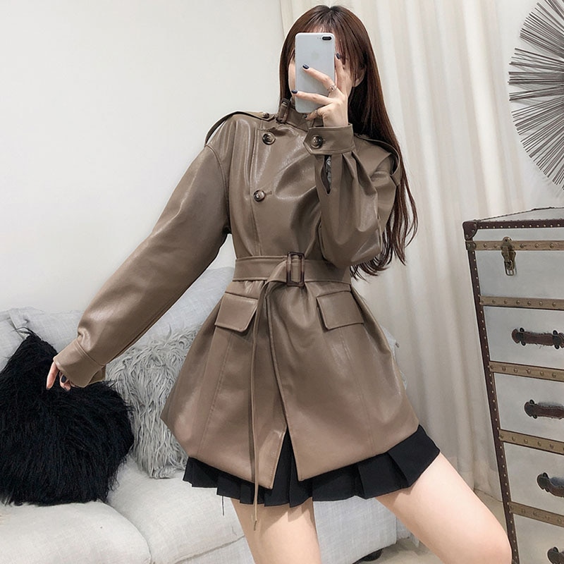 spring leather coat women vintage Moto Full Sleeve... – Grandado