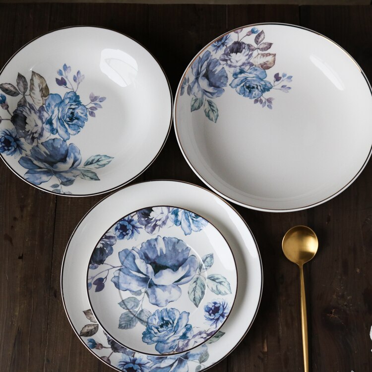 Watercolor Blue Flowers Golden Edge Ceramic Wester... – Vicedeal