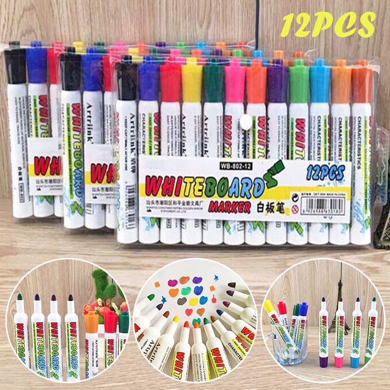 12 Color Marker Pens Dry Erase Clean Erasable Draw... – Vicedeal
