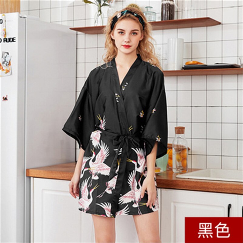 Women Loose Pajamas Haori Satin Crane Kimono Dress... – Grandado