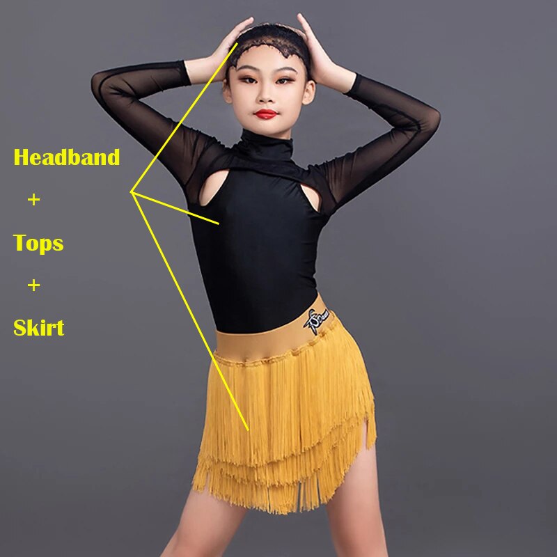 Girl's Latin Dance Clothes Samba Dress Long Sleeve... – Grandado