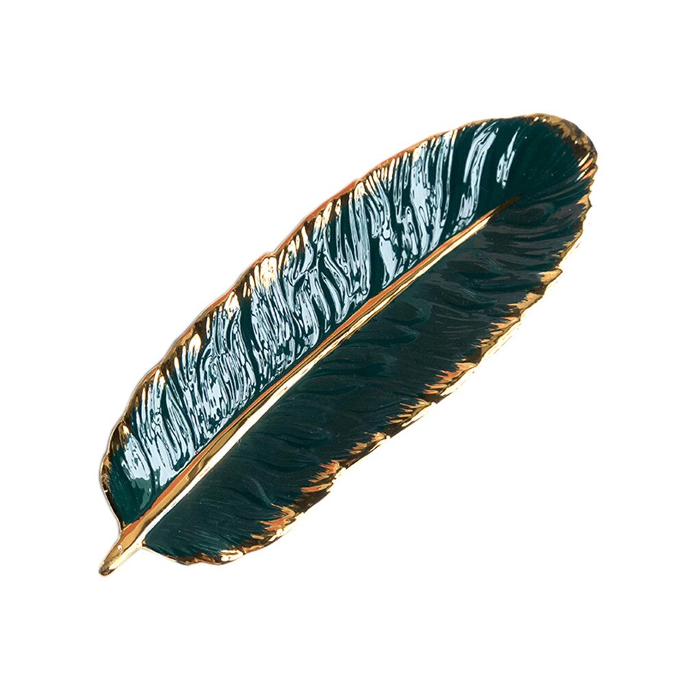 Modern dark green feather jewelry plate home ceram... – Grandado