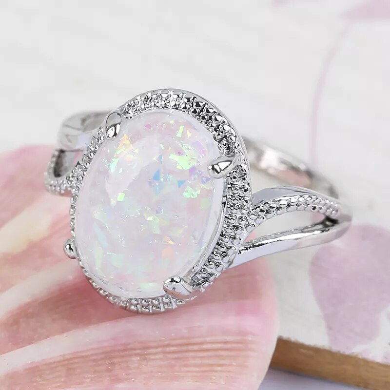 Large Oval Fire Opal Ring Jewelry White Moonstone ... – Grandado