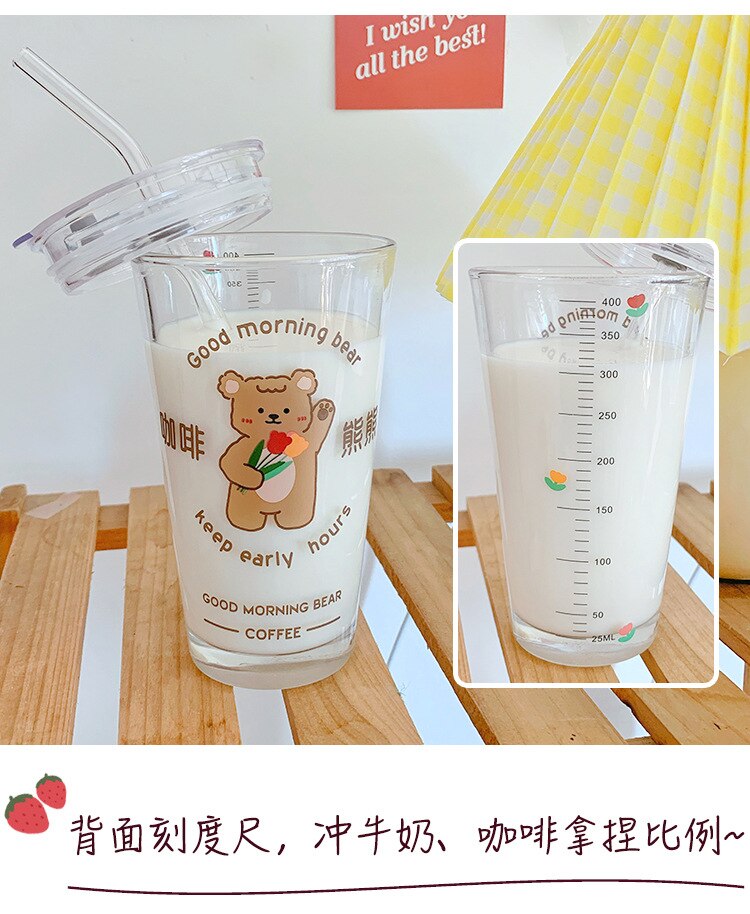 450ml cute cartoon glass straw cup cartoon scale m... – Grandado