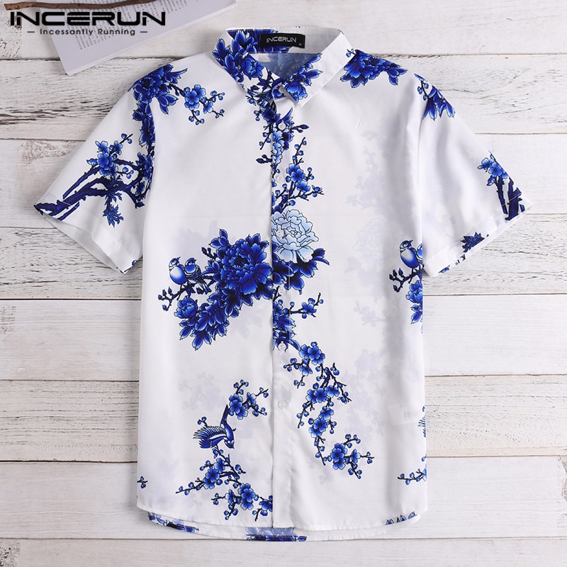 Incerun Bloemen Gedrukt Mannen Shirt Revers Hals V... – Vicedeal