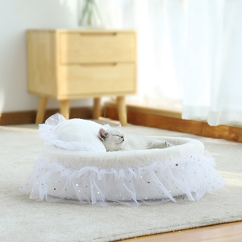Round Cat Bed House Soft Lace Princess Cat Mat Bed... – Grandado