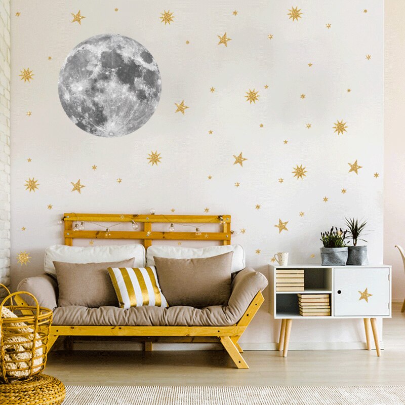 Moon and gold stars Wall Sticker for kids rooms be... – Grandado