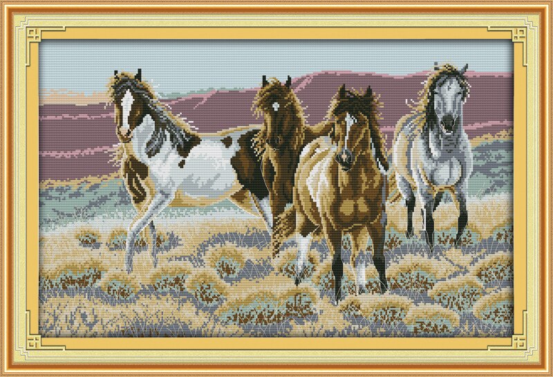 The four horses cross stitch kit 14ct 11ct pre sta... – Grandado