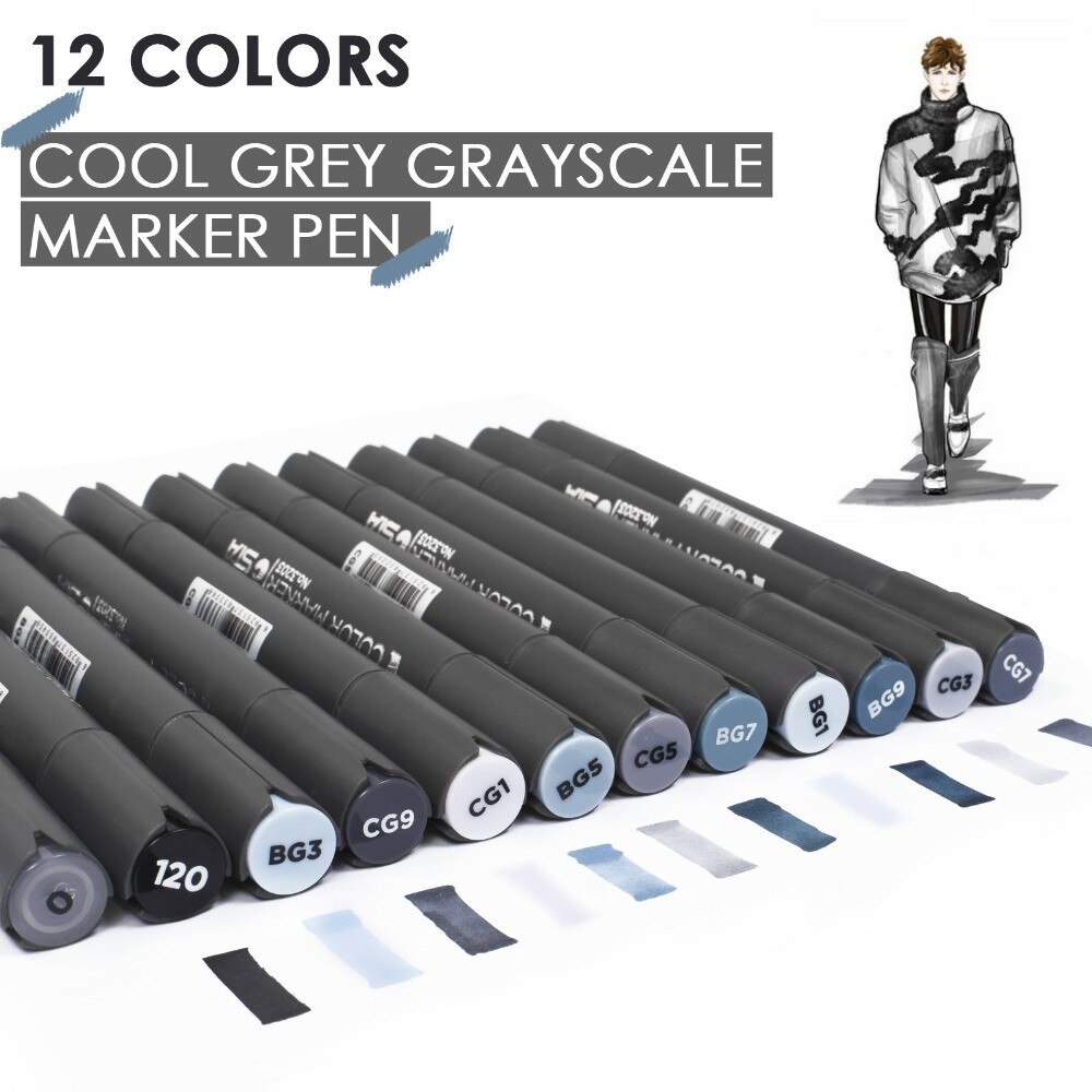 12 Color Grayscale Marker Pen Set Cool Grey Dual H... – Grandado