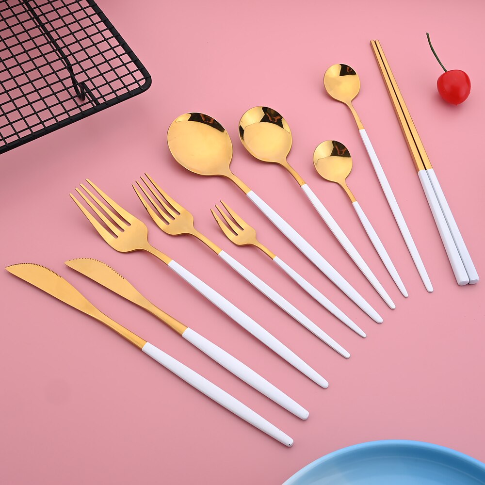 6Pcs White Gold Cutlery Set Stainless Steel Dinner... – Grandado