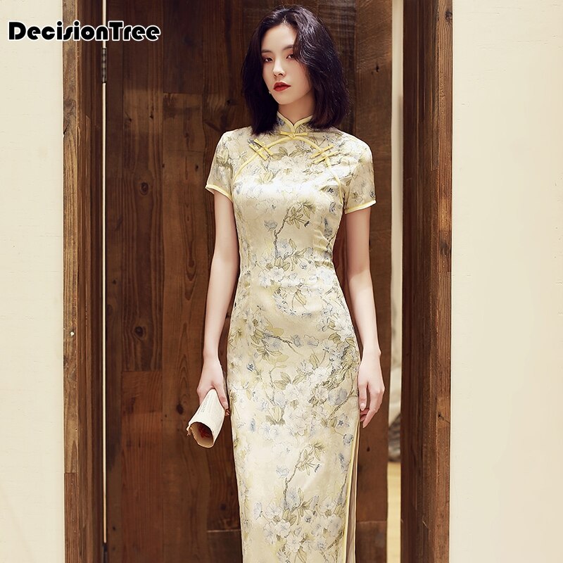 satin qipao lady traditional chinese style cheongs... – Grandado