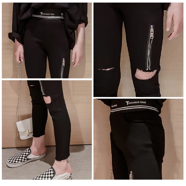 Girls Ripped Zipper Leggings Pants 8 10 years Blac... – Grandado