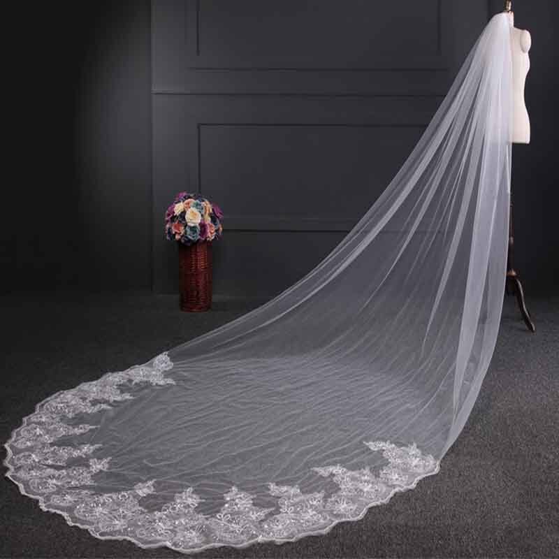 4 meters Wedding Veils With Comb Long Lace Edge Ca... – Grandado