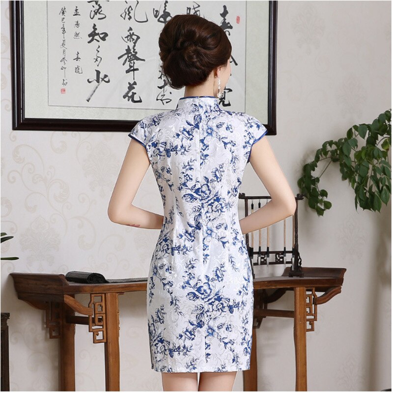 Sheng Coco Women's Mini Qipao Blue And White Porce... – Grandado