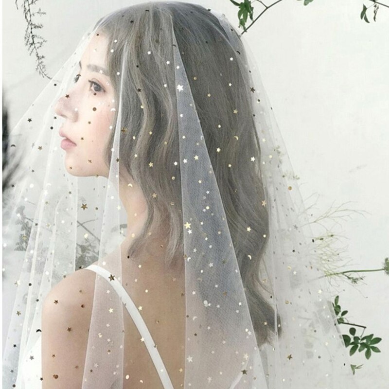 Women Sequins Stars Moon Short Wedding Veil Cathed... – Grandado