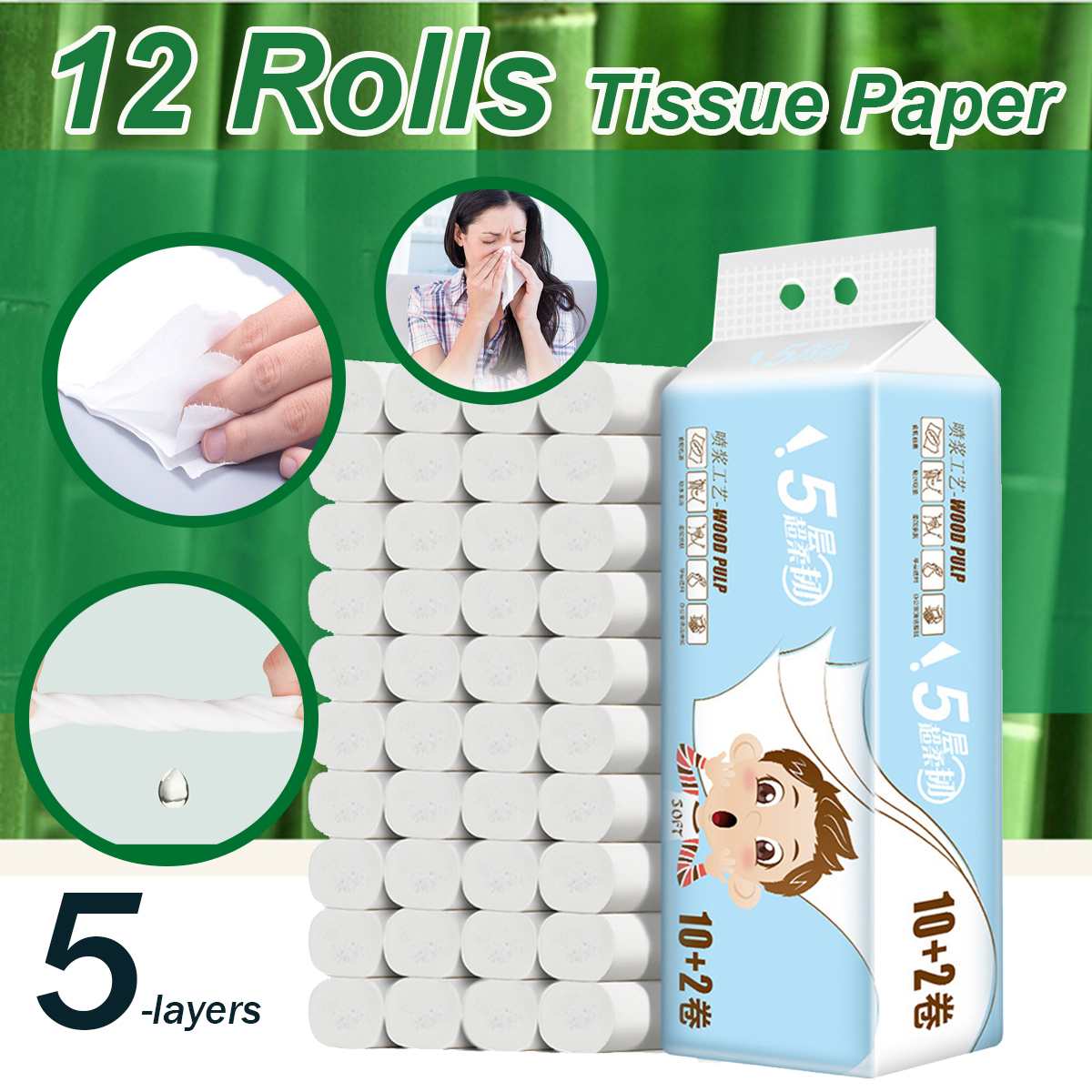 12 Rolls Toilet Paper 5-Layer Household Bathroom T... – Grandado