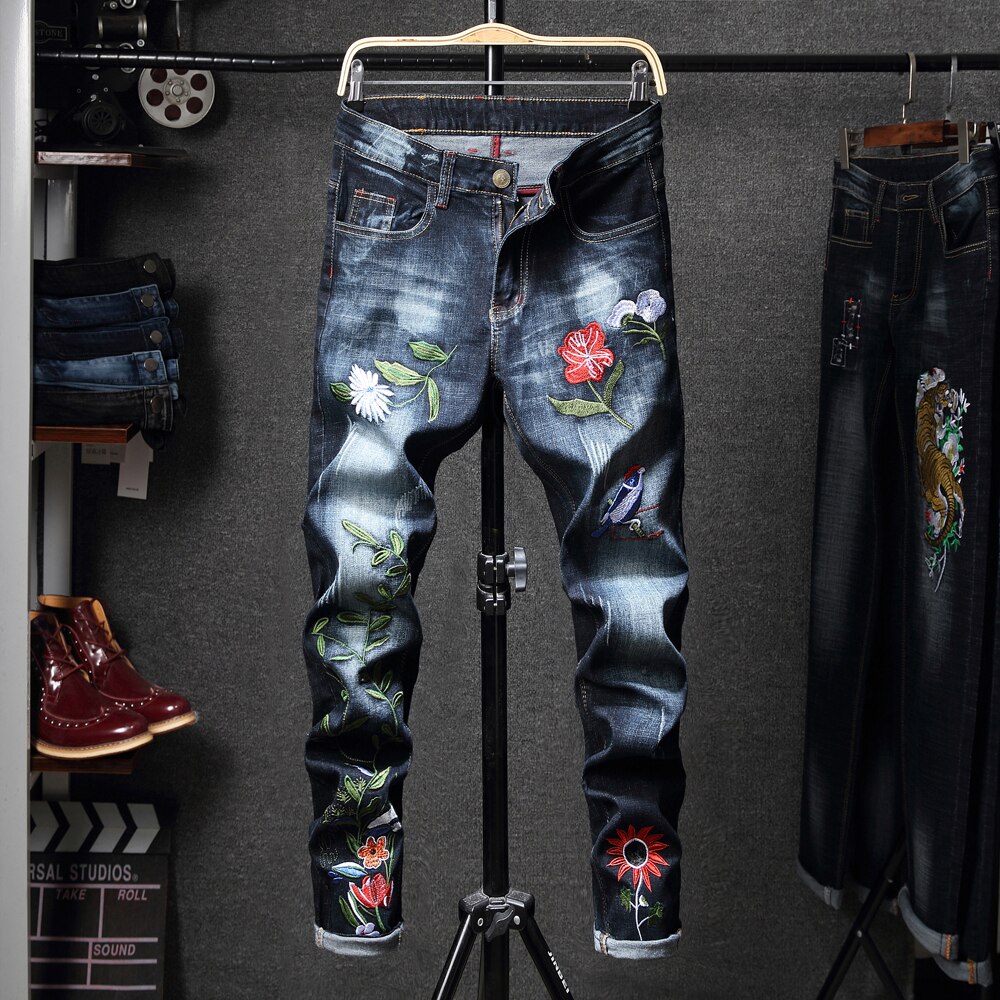 Spring Autumn Men's Elastic Embroidery Jeans Pants... – Vicedeal