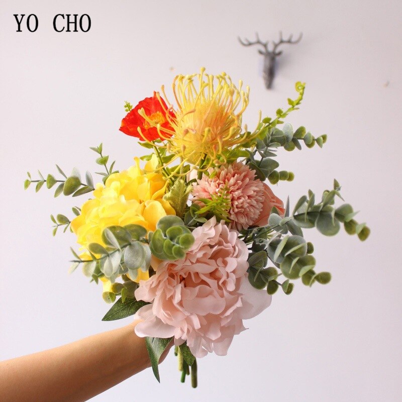YO CHO Pompom Bouquet Artificial Silk Rose Peony D... – Grandado