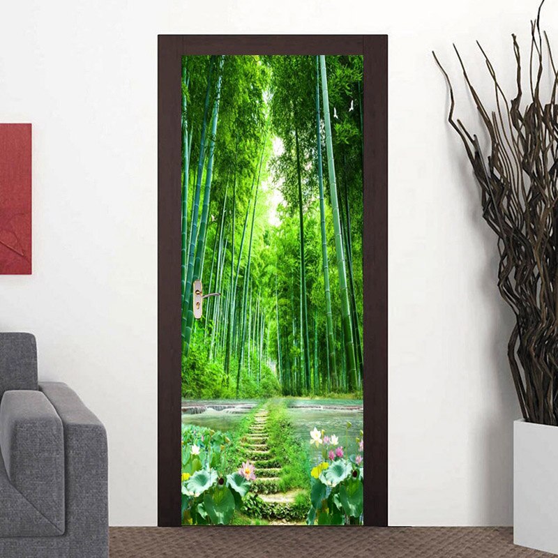 PVC Door Sticker 3D Nature Landscape Bamboo Forest... – Grandado