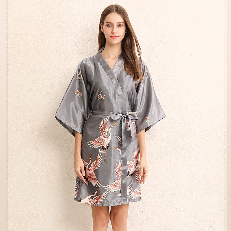 Women Loose Pajamas Haori Satin Crane Kimono Dress... – Grandado
