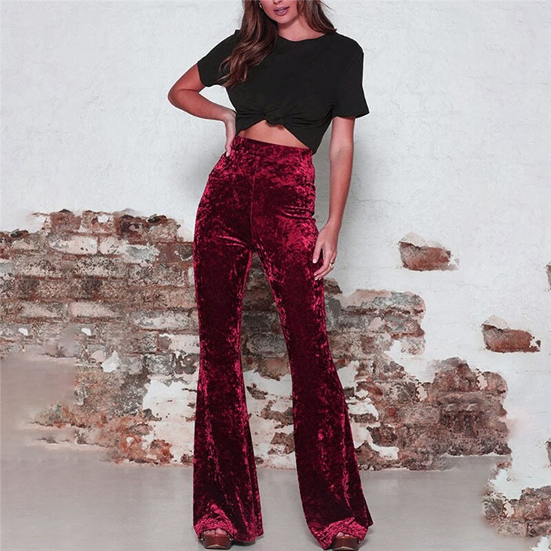 Women Solid Velvet Flared Long Pants High Waist St... – Grandado